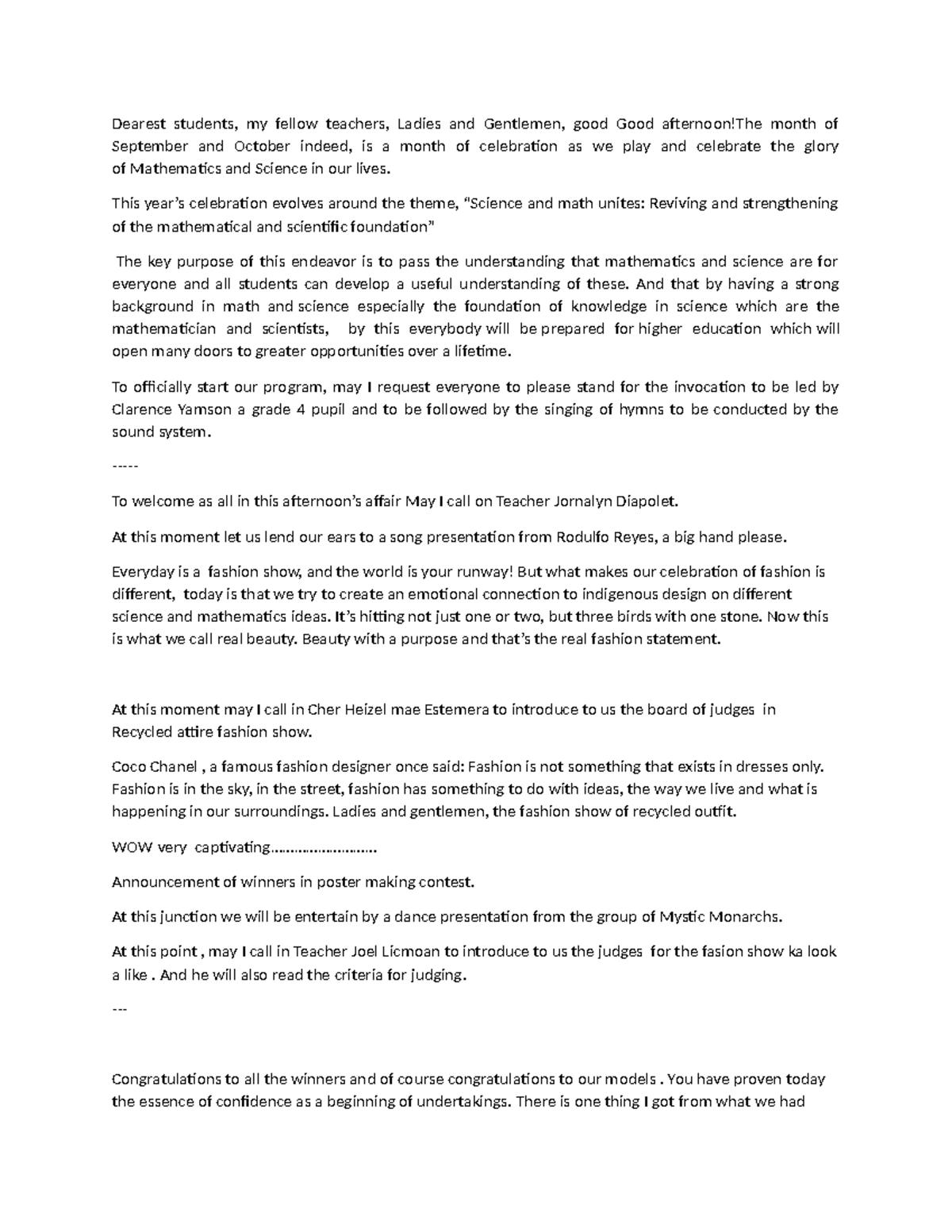 EMCEE SCRIPT IN MATH SCI - Dearest students, my fellow teachers, Ladies ...