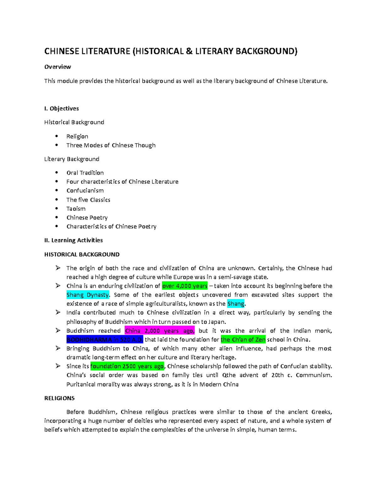 Chinese Literature: Historical & Literary Background Overview - Studocu