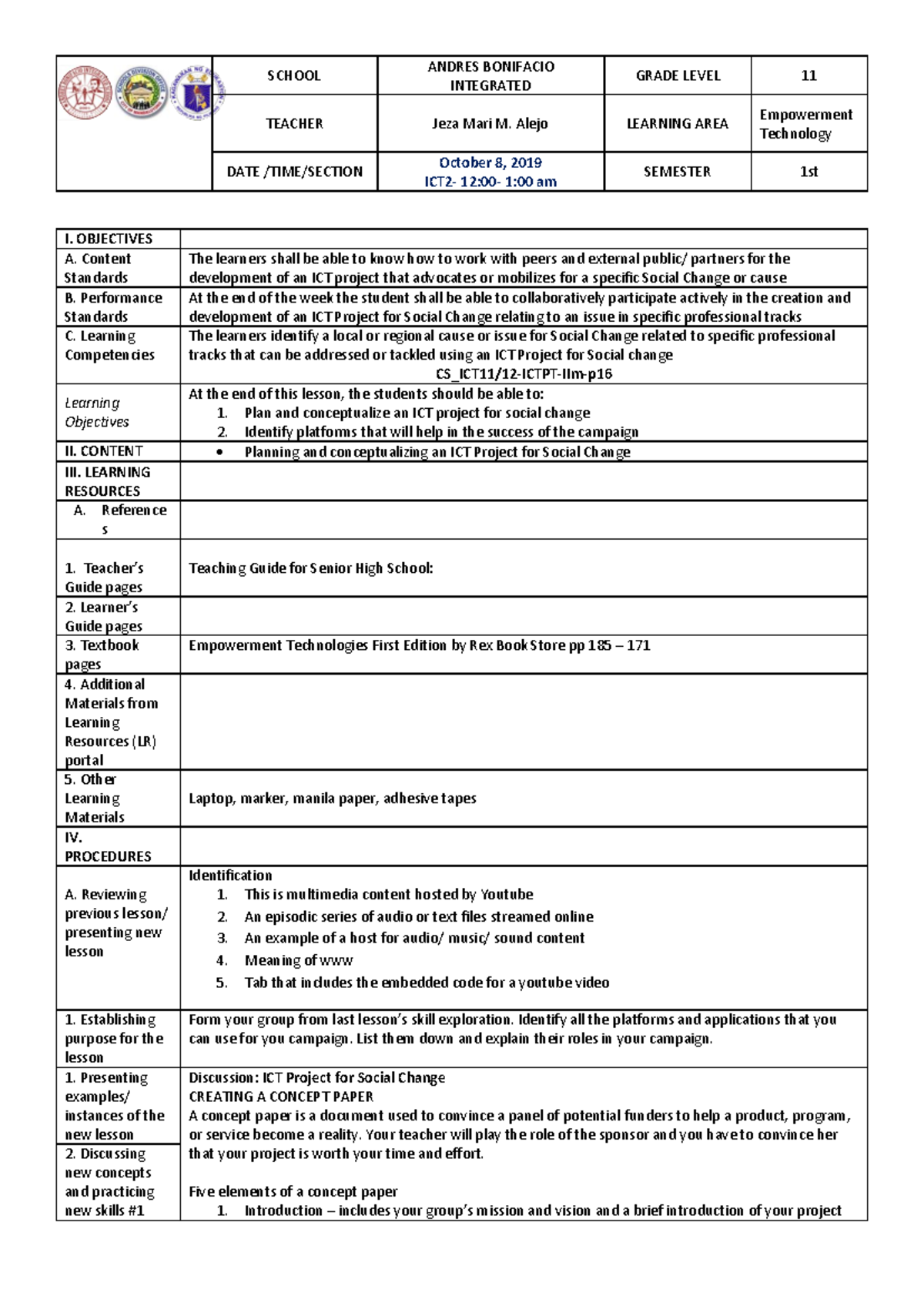 Empowerment Technologies ICT2: Lesson Plan for Social Change Project ...