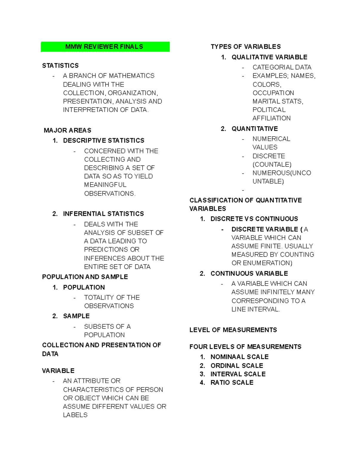 MMW 101 Final Exam Reviewer: Types of Variables in Statistics - Studocu