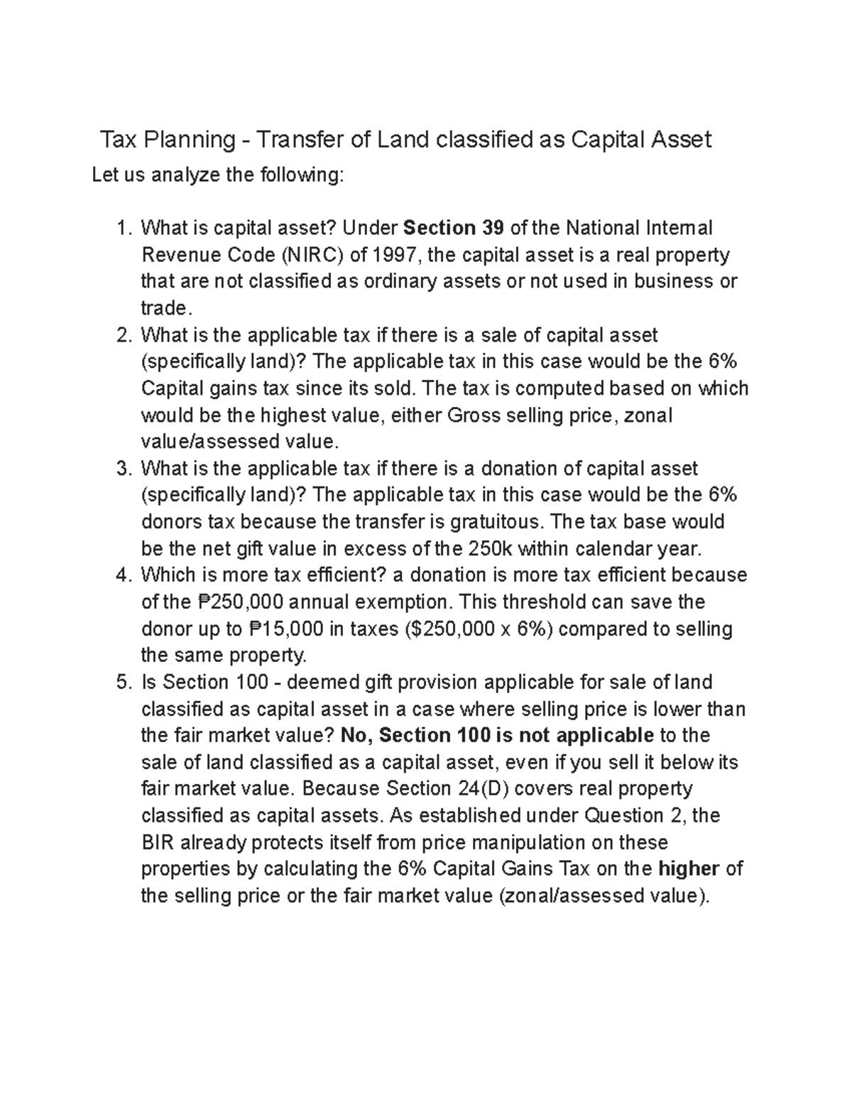 Tax Planning: Transfer of Land as Capital Asset Analysis - Studocu