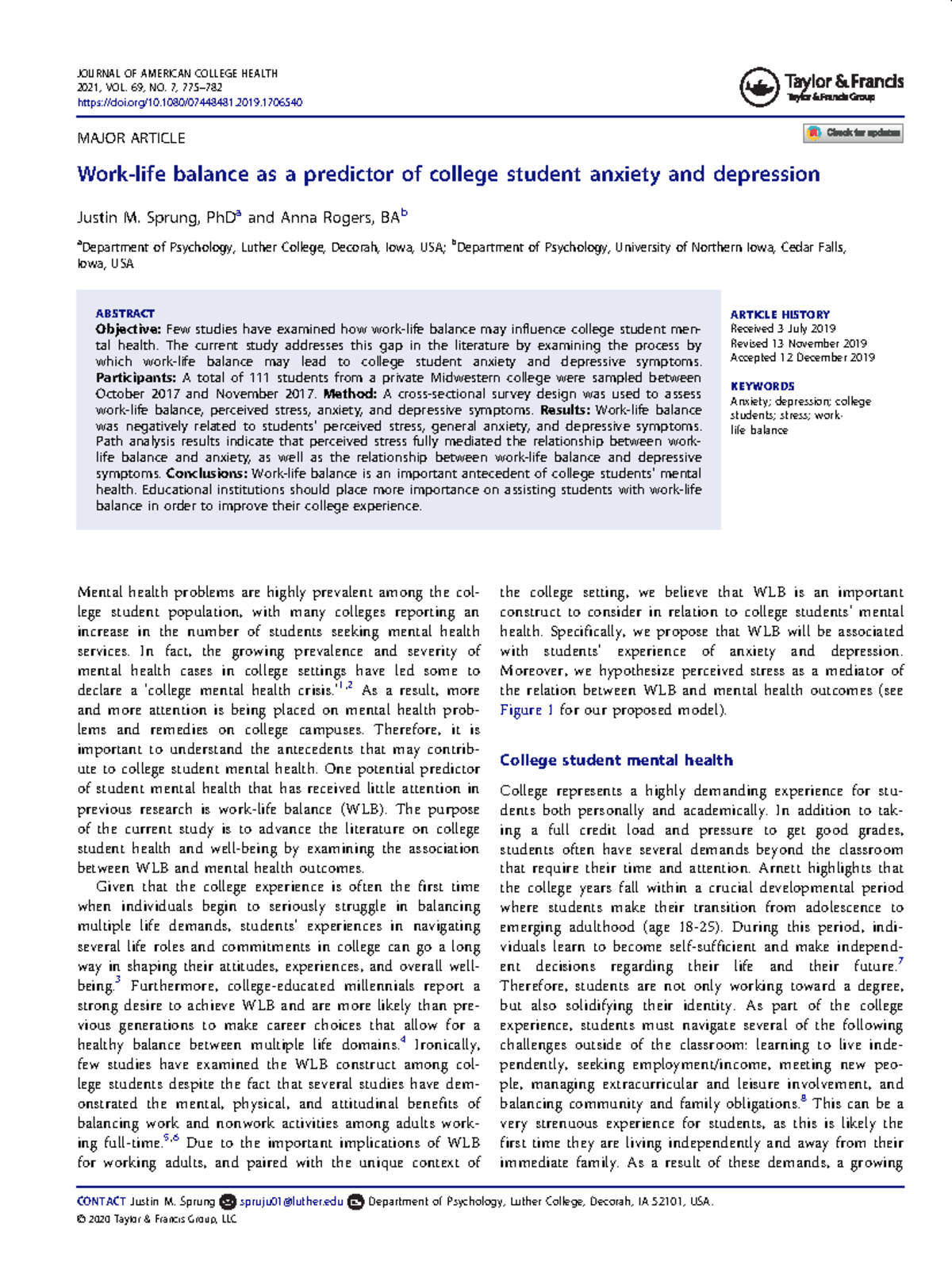 Work-Life Balance and Its Impact on College Student Mental Health - Studocu