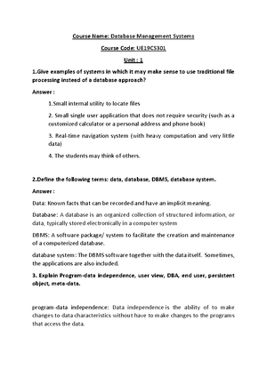 DBMS Lab Viva Questions - Database Management Systems - PESU - Studocu