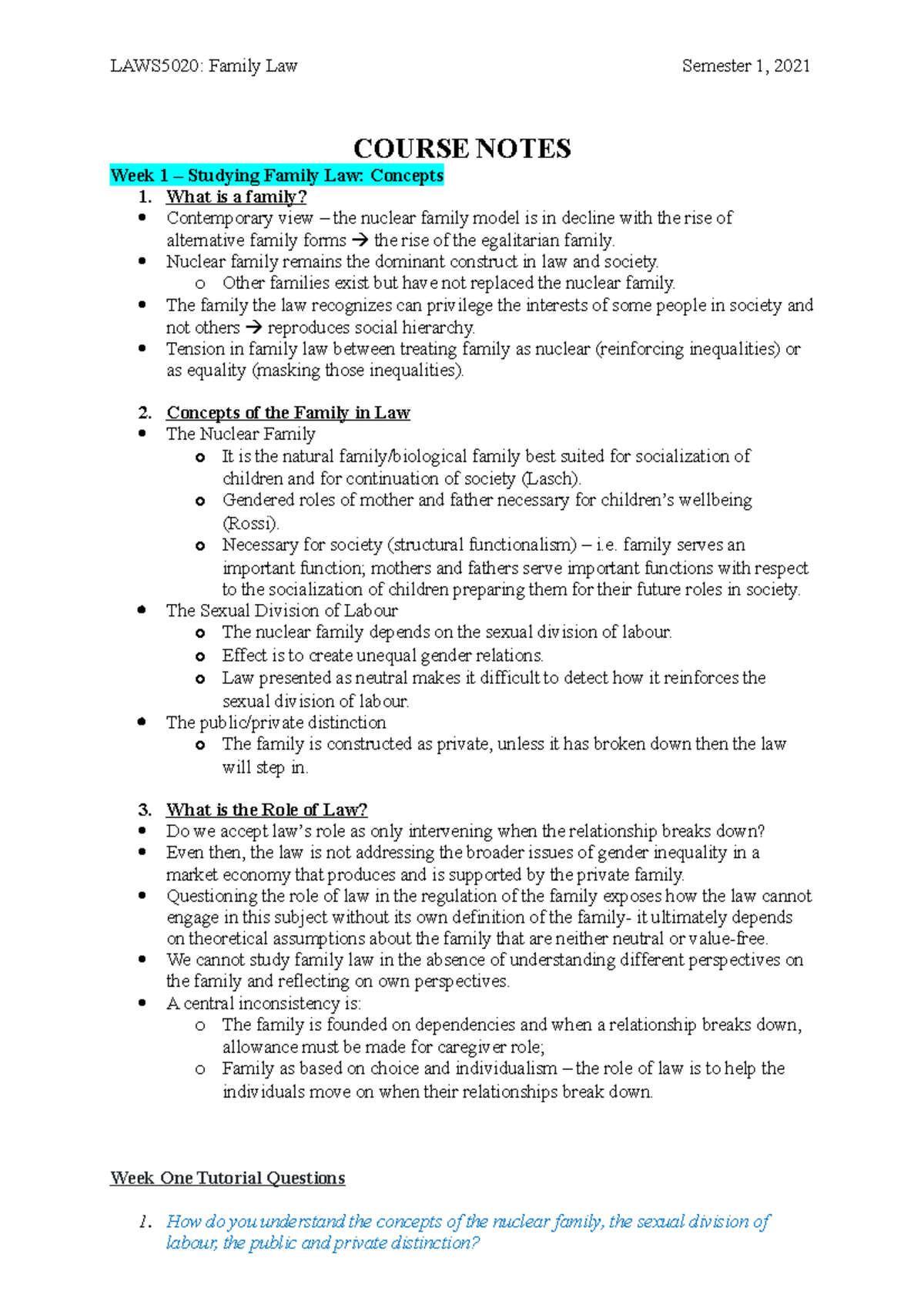 LAWS5020 Family Law Course Notes - Key Concepts and Issues - Studocu