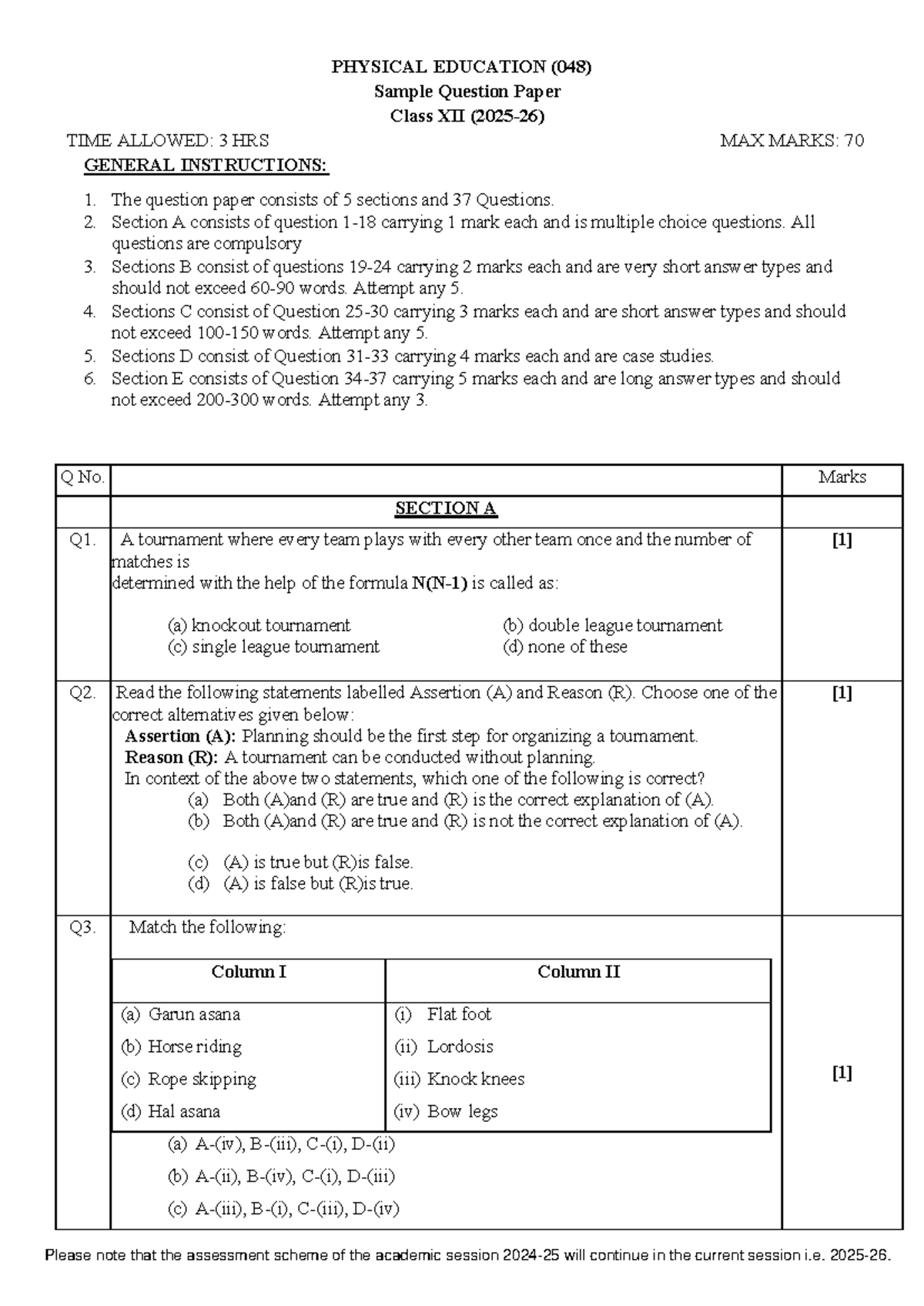 Class 12 Physical Education (048) Sample Question Paper & Marking ...