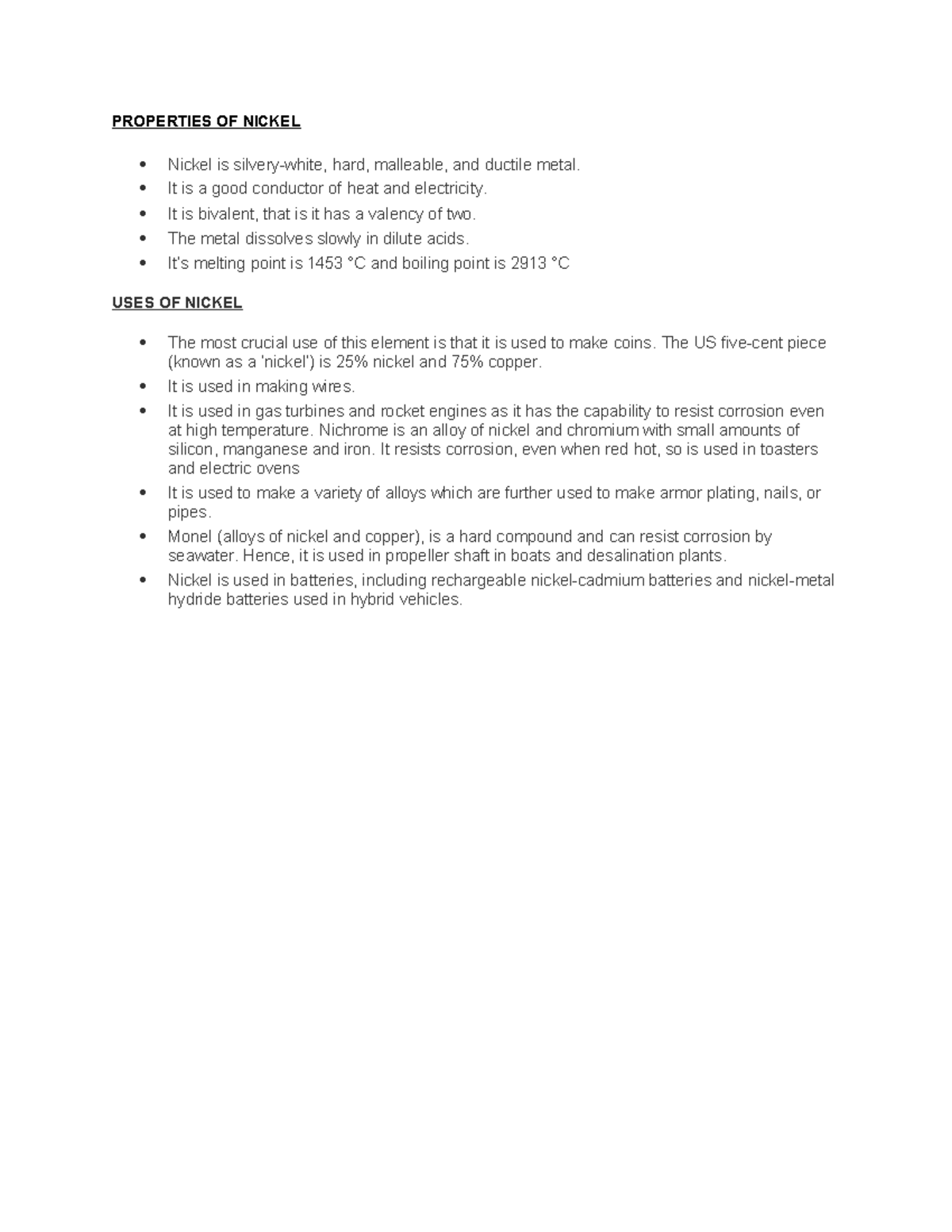 Properties AND USES OF Nickel - PROPERTIES OF NICKEL Nickel is silvery ...