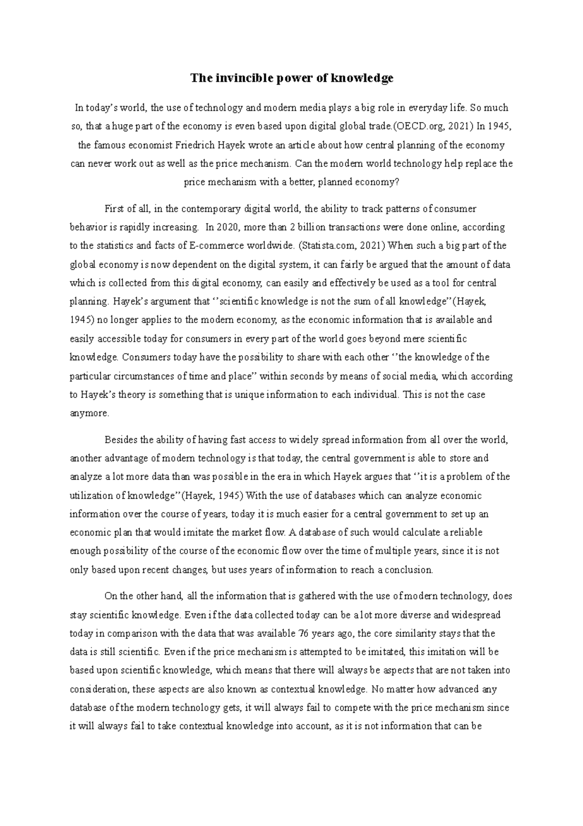 The Impact of Hayek's Ideas on Modern Economic Planning and Knowledge ...
