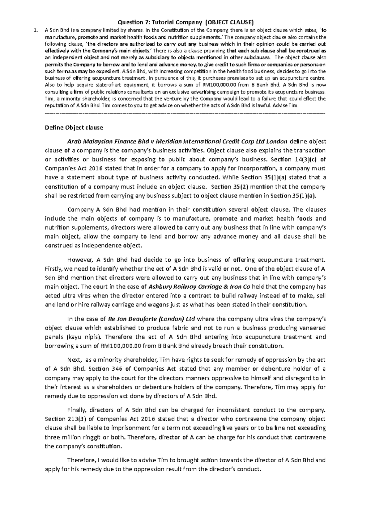 Object Clause Answer Scheme - Question 7: Tutorial Company (OBJECT ...