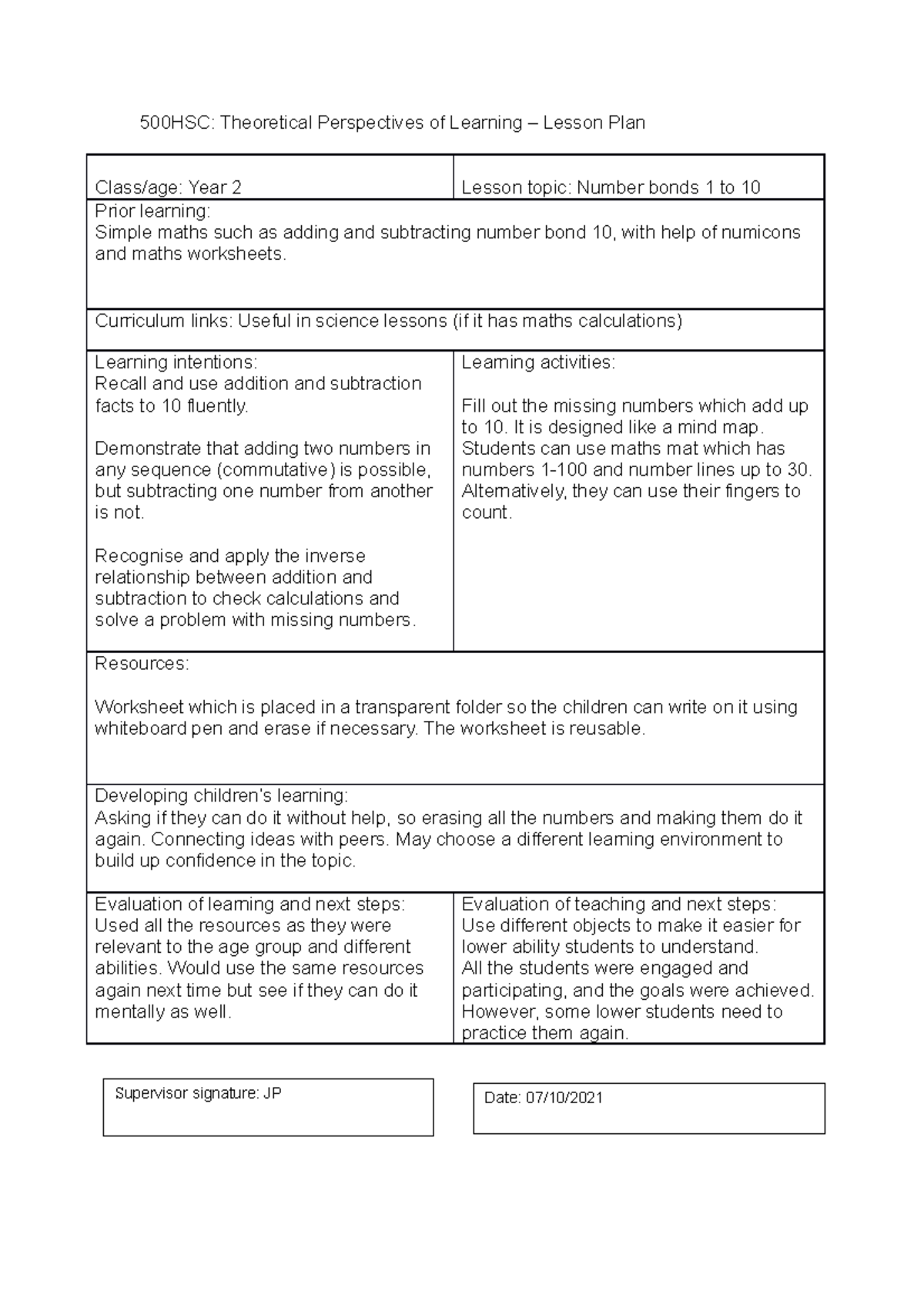 Lesson plan - 500HSC: Theoretical Perspectives of Learning – Lesson ...