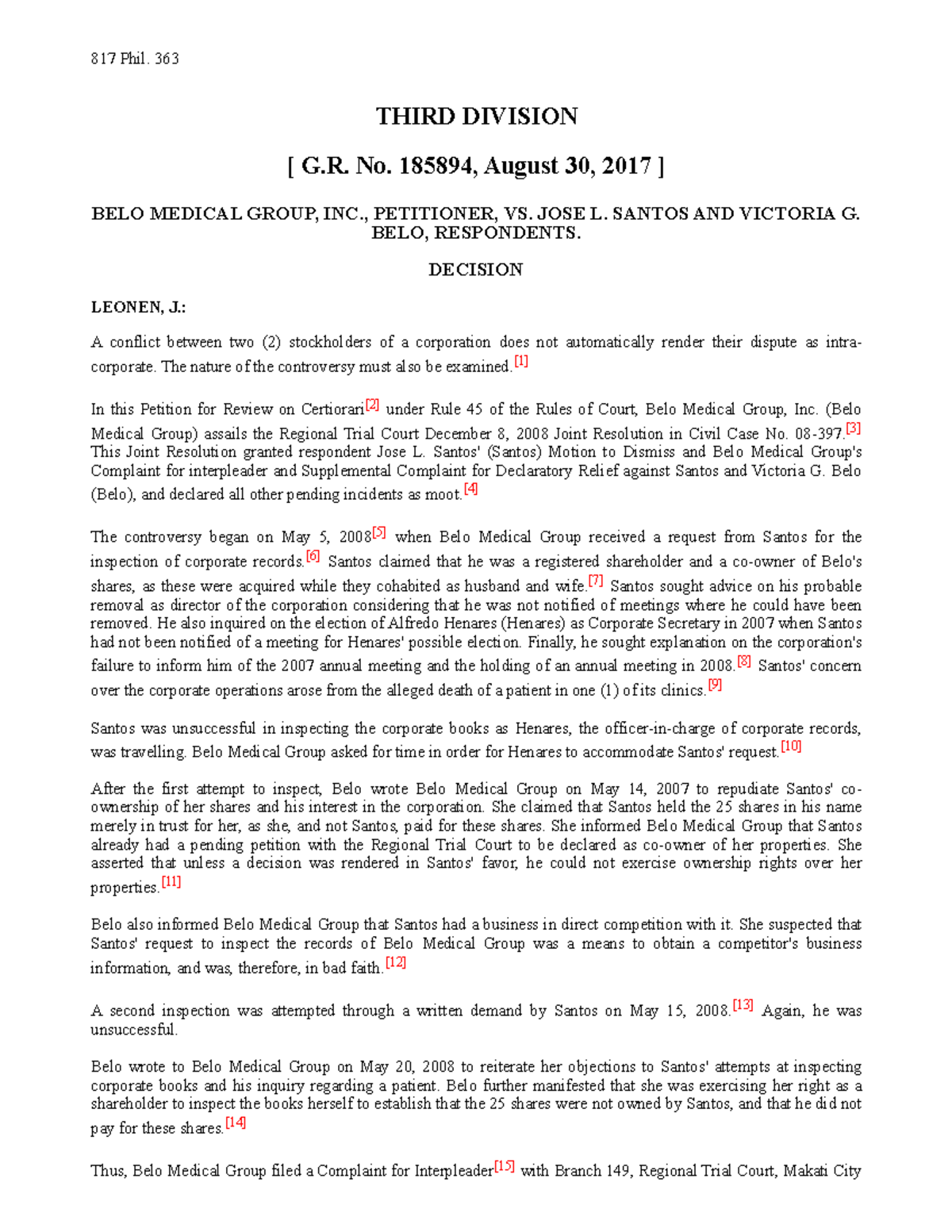 BMGI 363 Case Study: Belo Medical Group vs. Santos & Belo (2017) - Studocu