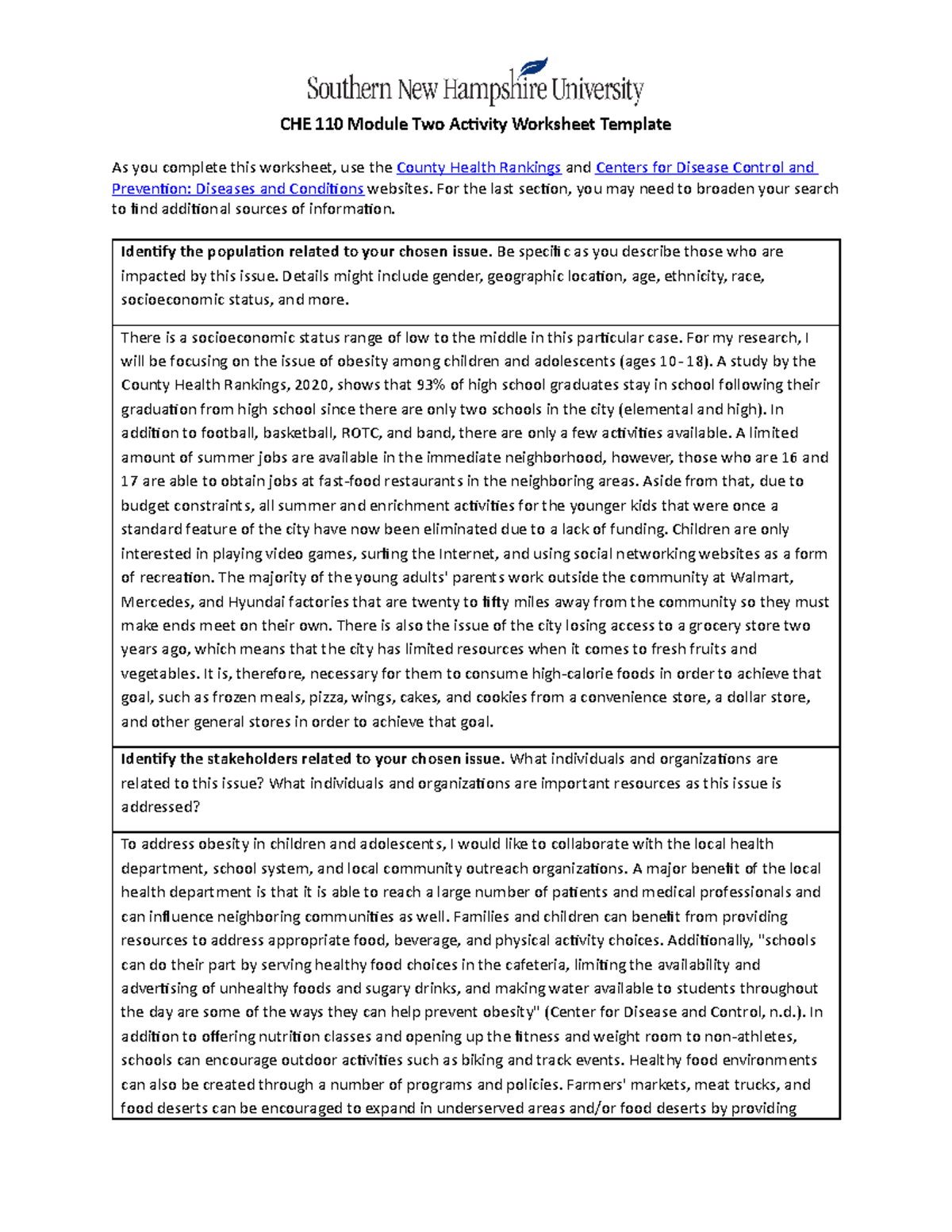 CHE 110 Obesity in Children: Module Two Activity Worksheet - Studocu