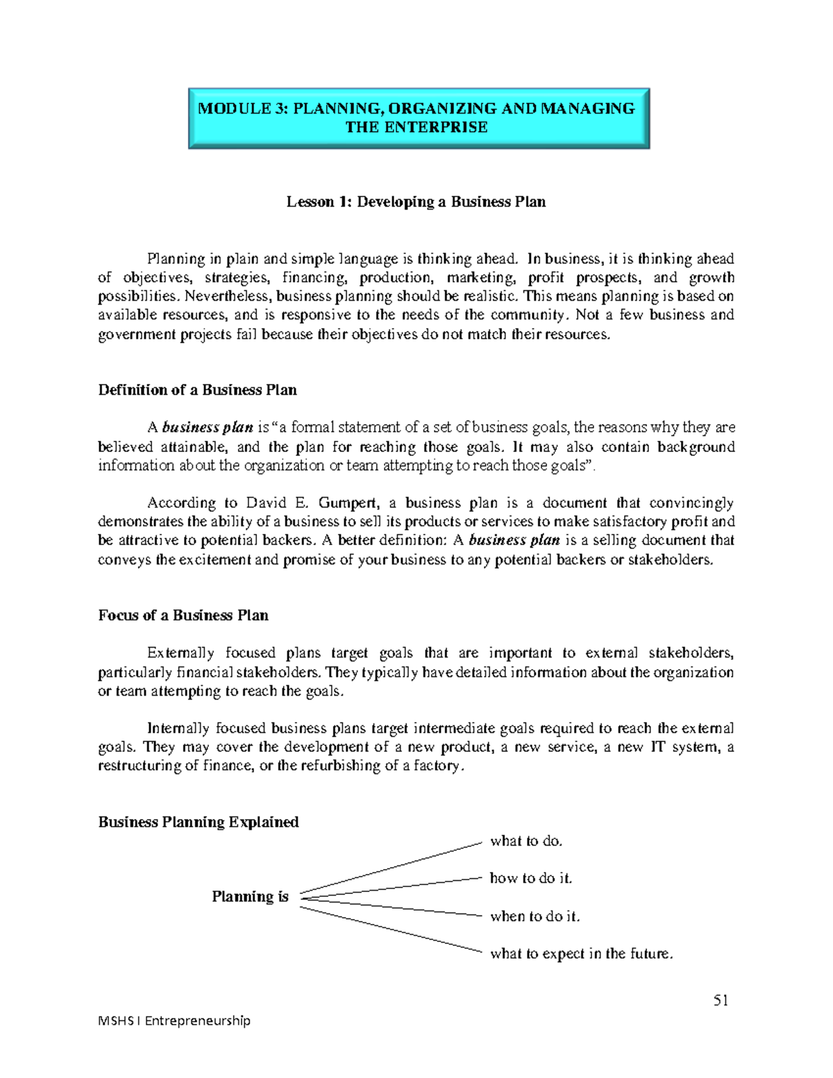 MSHS-Entrepreneurship Module 3: Business Planning & Organization - Studocu