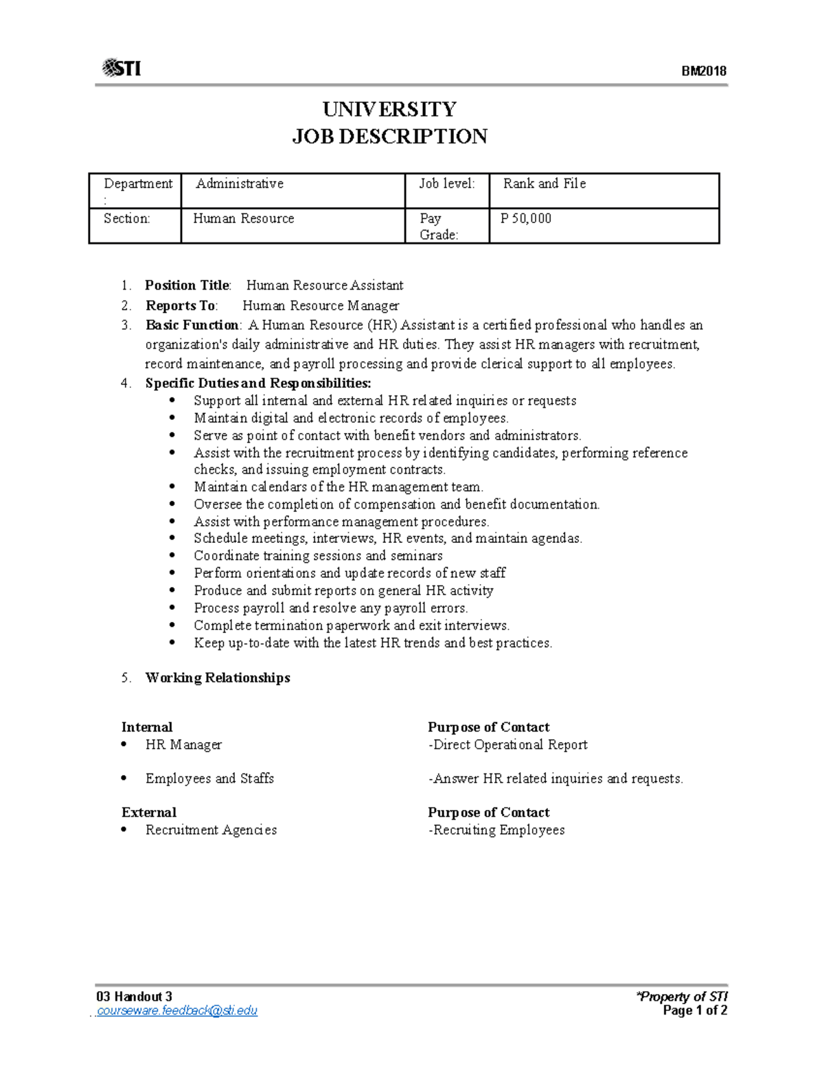 03-ELMS-Activity-1 HR Assistant Job Description and Duties - Studocu