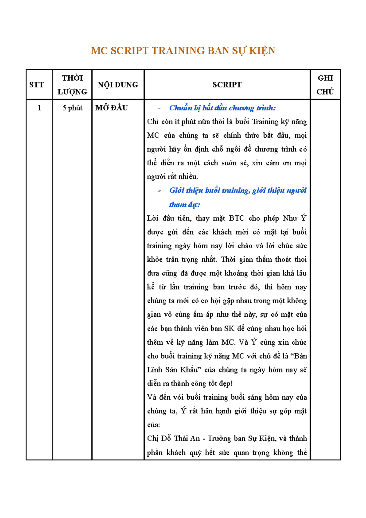 MC Script Training Ban Sự Kiện: Kỹ Năng & Bản Lĩnh Sân Khấu - Studocu