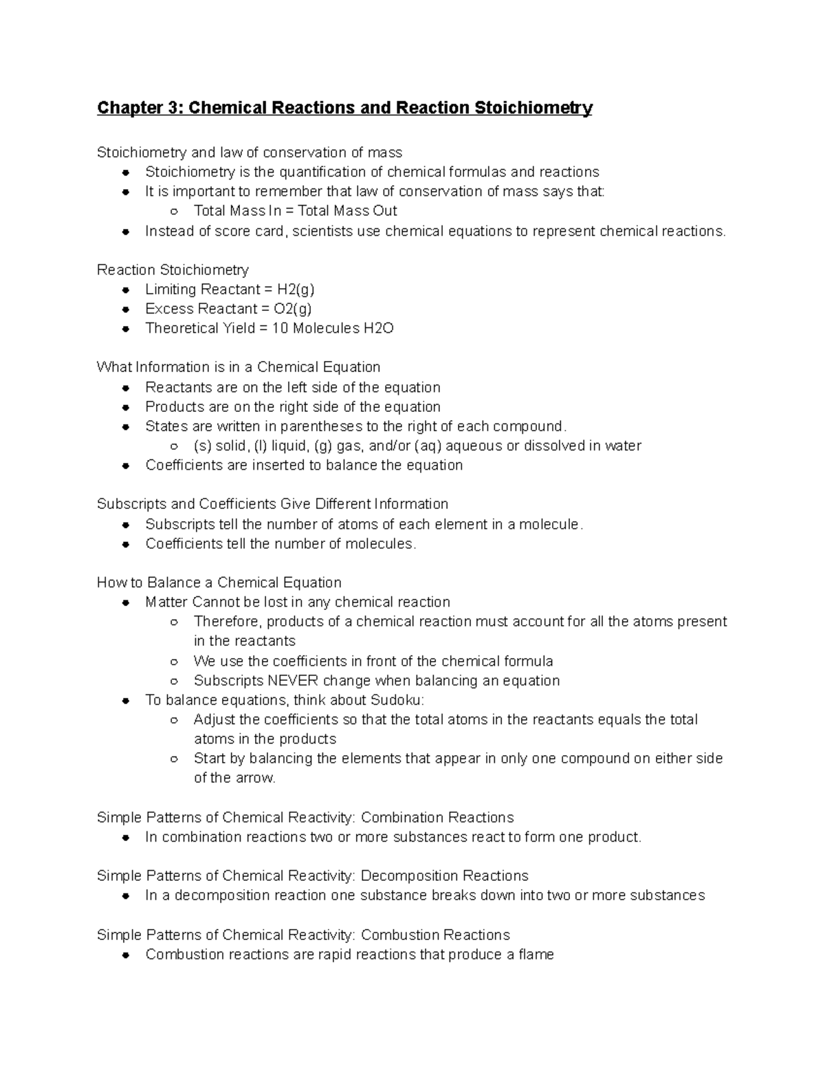 Gen Chem 1 Chapter 3 - Chemical Reactions & Stoichiometry Notes - Studocu