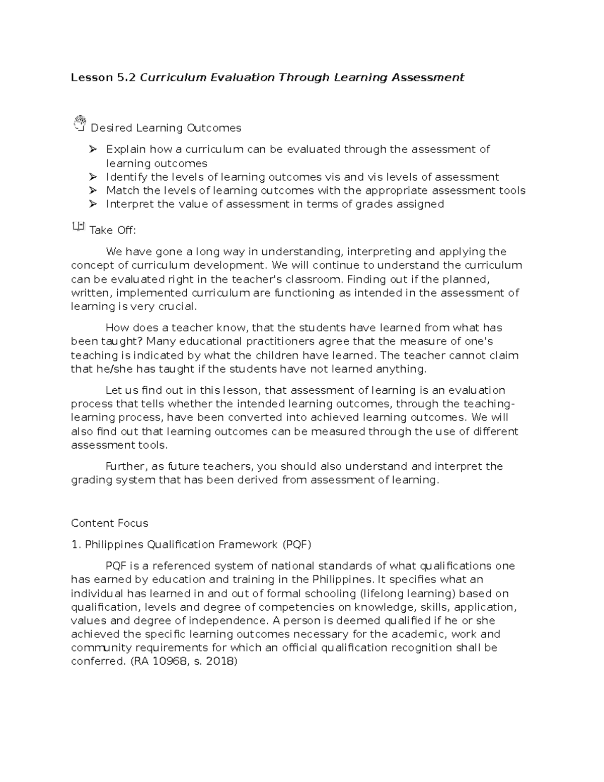 Lesson 5.2: Evaluating Curriculum Through Learning Assessments - Studocu
