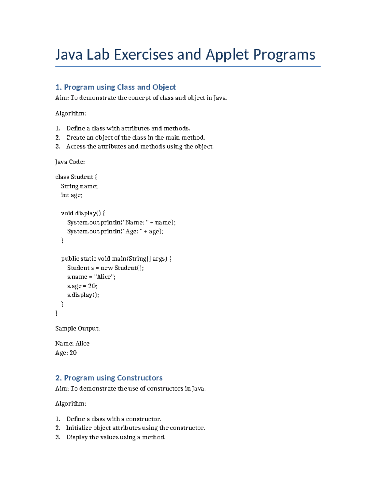 Java Lab Exercises (CS101) with Sample Outputs - Studocu