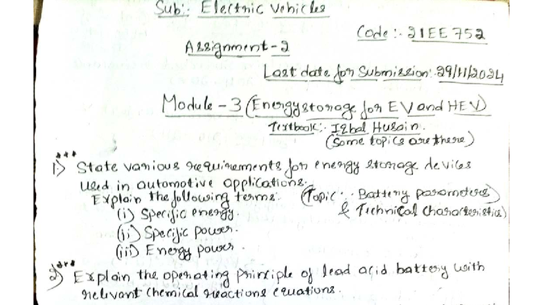 EV Assignment 2 - Key Exam Questions on Energy Storage & Propulsion ...