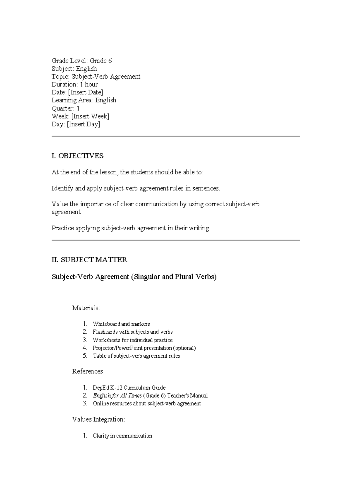 Grade 6 English Lesson Plan: Subject-Verb Agreement Guide - Studocu