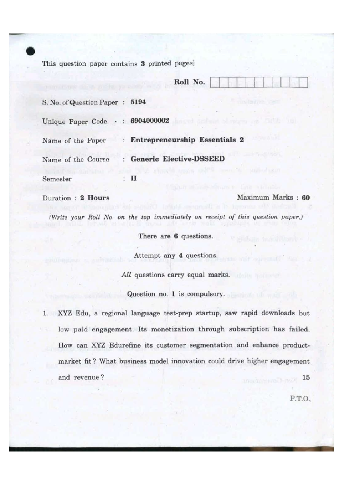Entrepreneurship Essentials (GEN 5194) Exam Paper - Sem II - Studocu