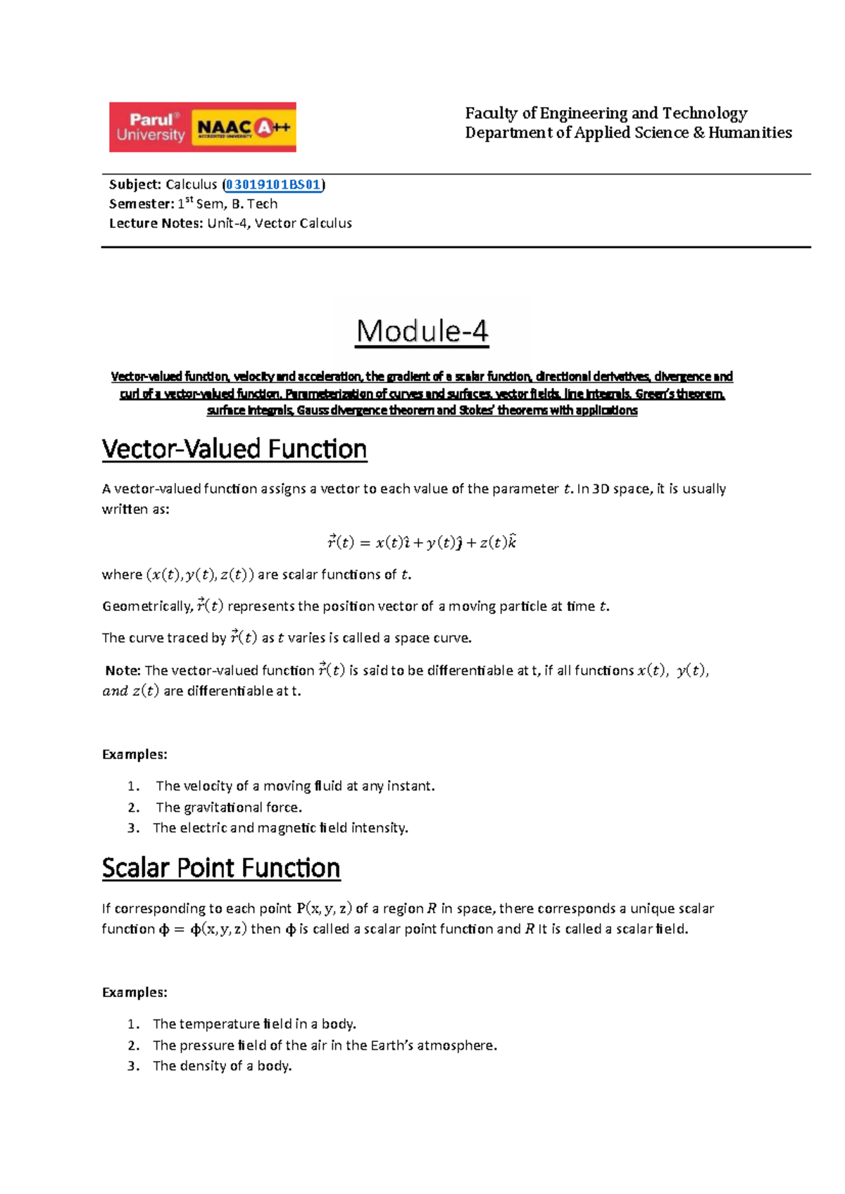 Calculus (03019101BS01) Lecture Notes: Vector Calculus Concepts - Studocu