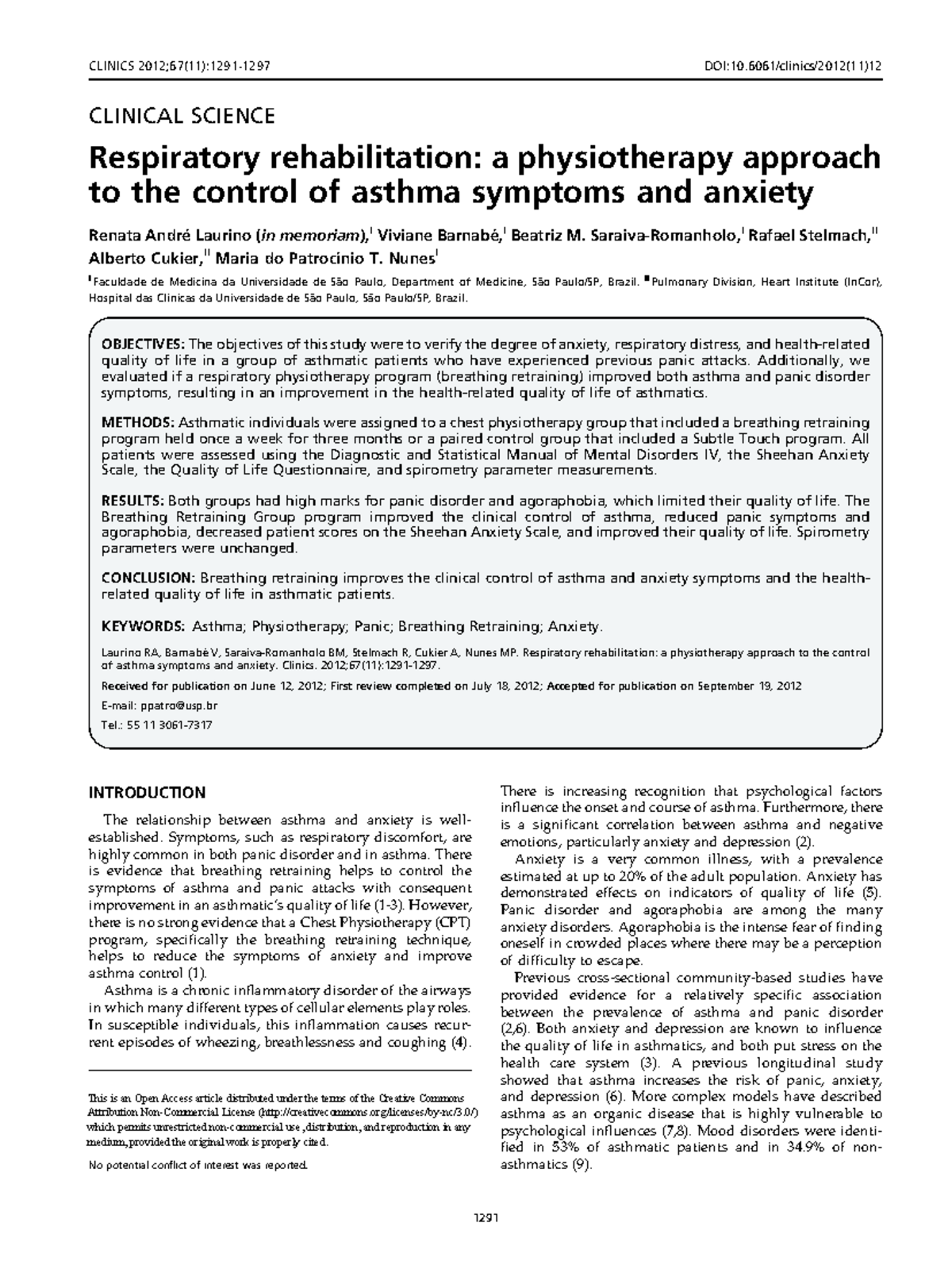 CLINICS CLINICAL SCIENCE: Breathing Retraining for Asthma & Anxiety ...