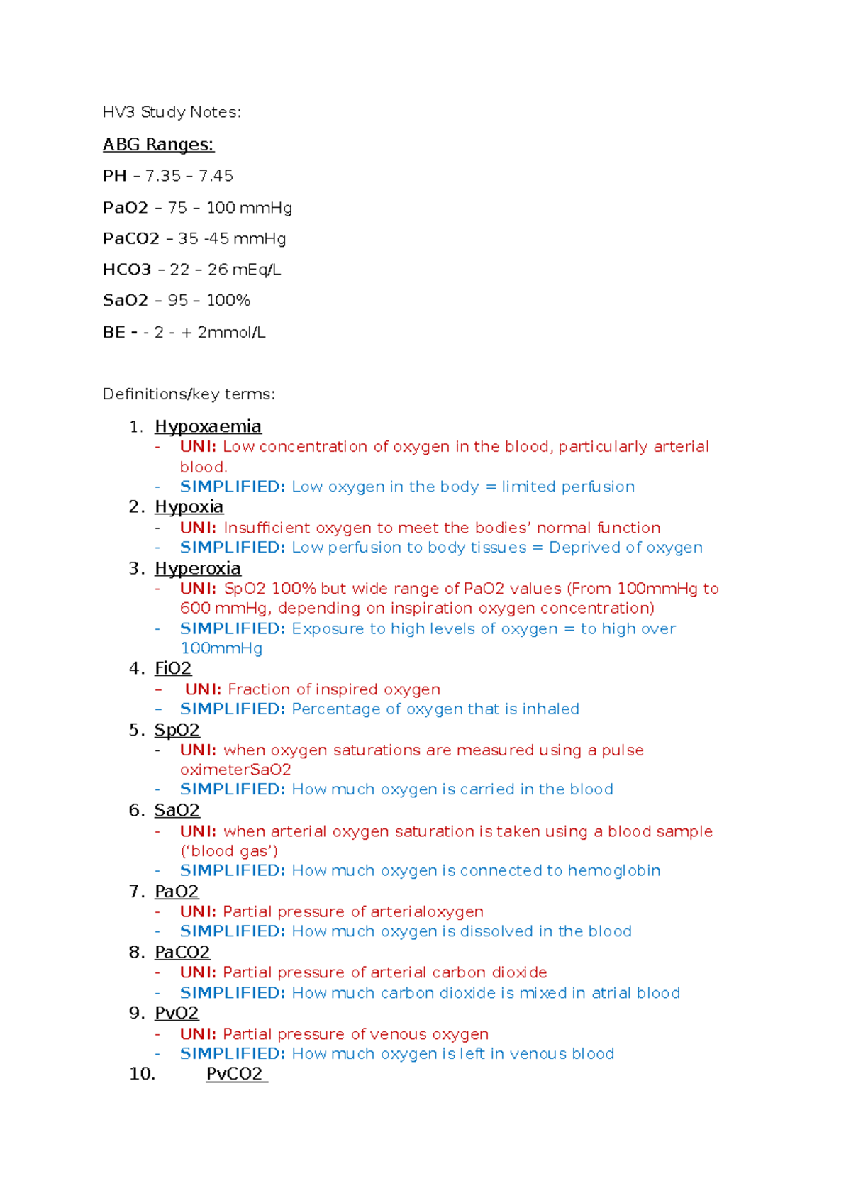 HV3 Study Notes: ABG Ranges and Key Concepts for Health Exam 4 - Studocu