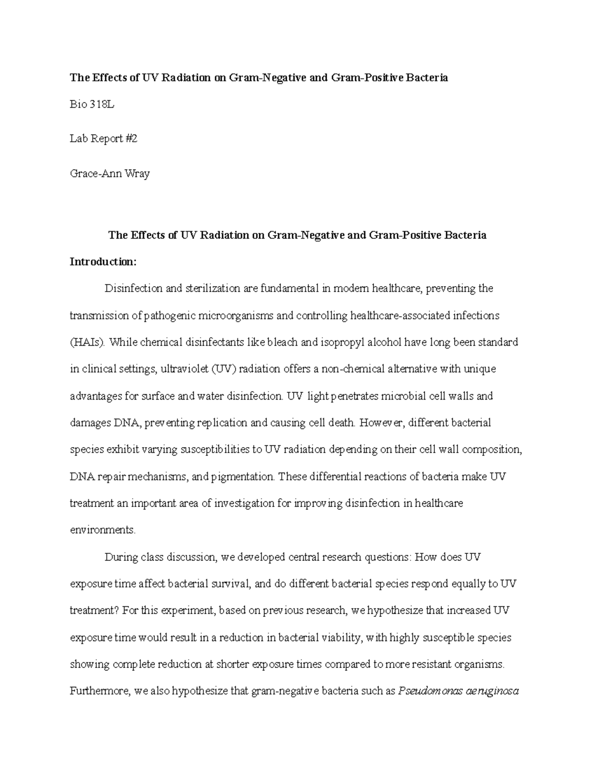 The Effects of UV Radiation on Bacterial Survival - Bio 318L Lab Report ...