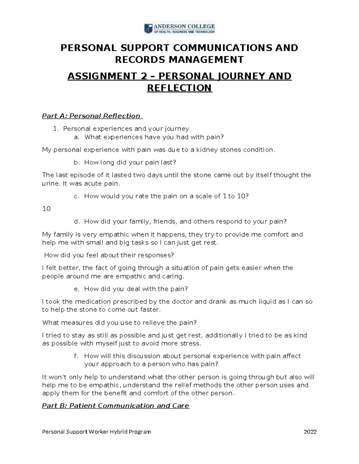 2PSW Comm - Assignment 2 - Personal Journey & Patient Care Reflection - Studocu