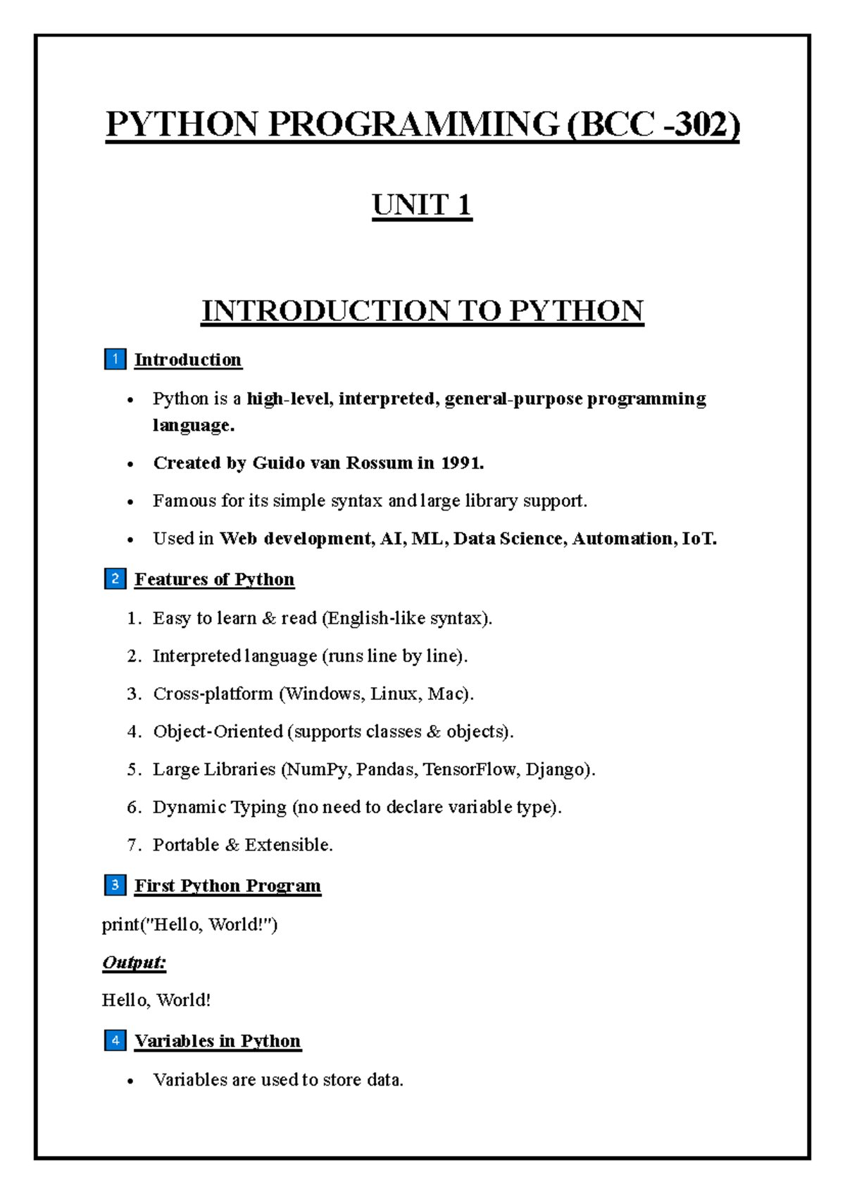 BCC UNIT 1: Introduction to Python Programming Concepts - Studocu
