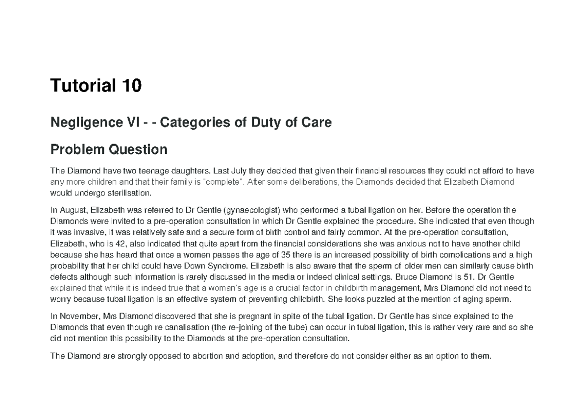Tutorial 10 - Tutorial 10 Negligence VI - Categories of Duty of Care ...