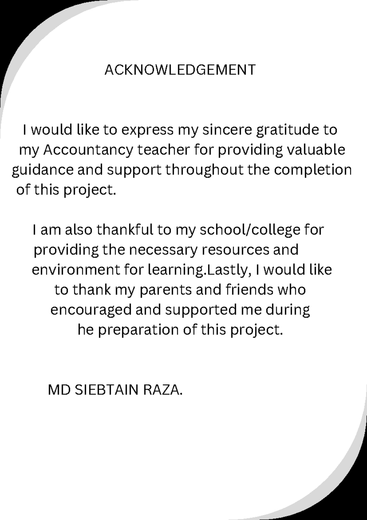 Accountancy Project: Ratio Cash Flow Acknowledgement & Declaration ...