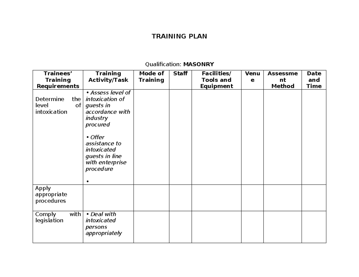 UC6 [ Training PLAN] - TRAINING PLAN Qualification: MASONRY Trainees ...