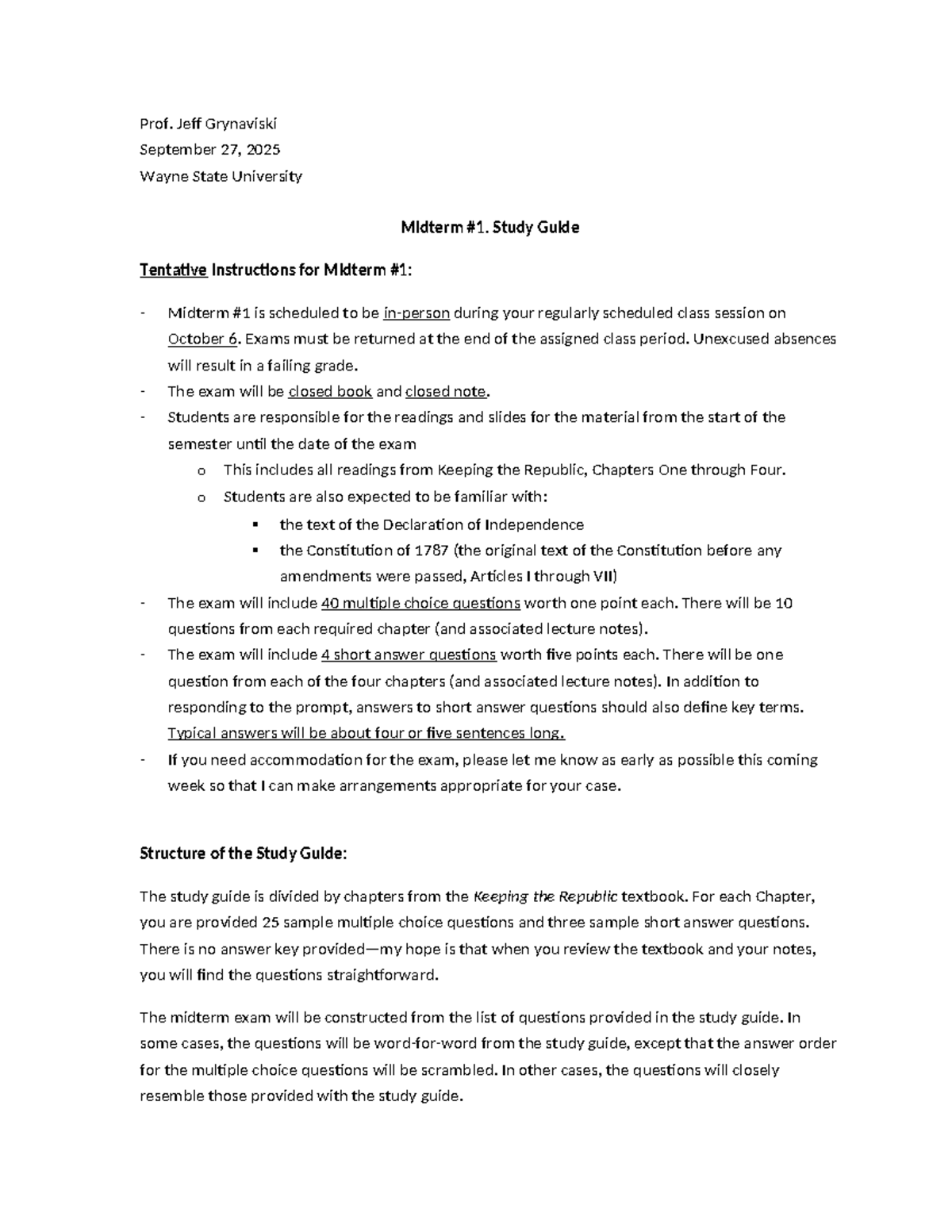 Midterm #1 Study Guide for POLS 101: Constitution & American Government ...