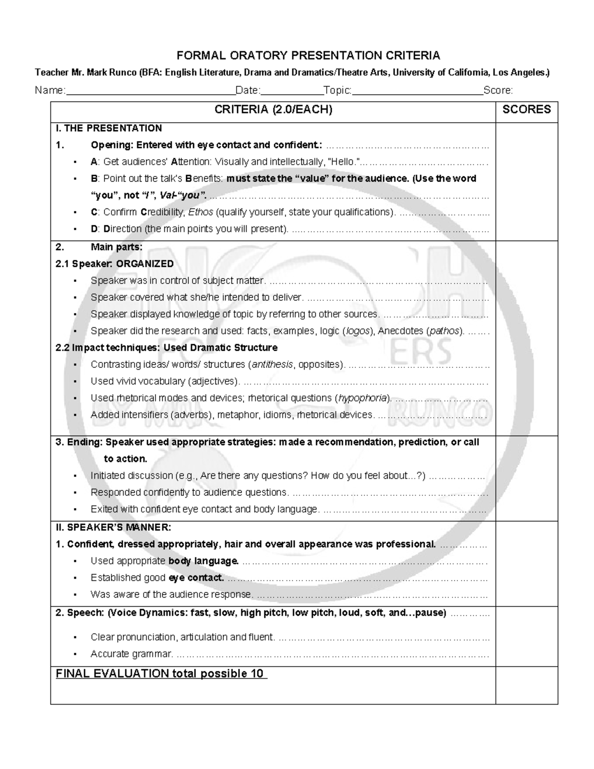 Presentation Evaluation Sheet Master COPY - FORMAL ORATORY PRESENTATION ...