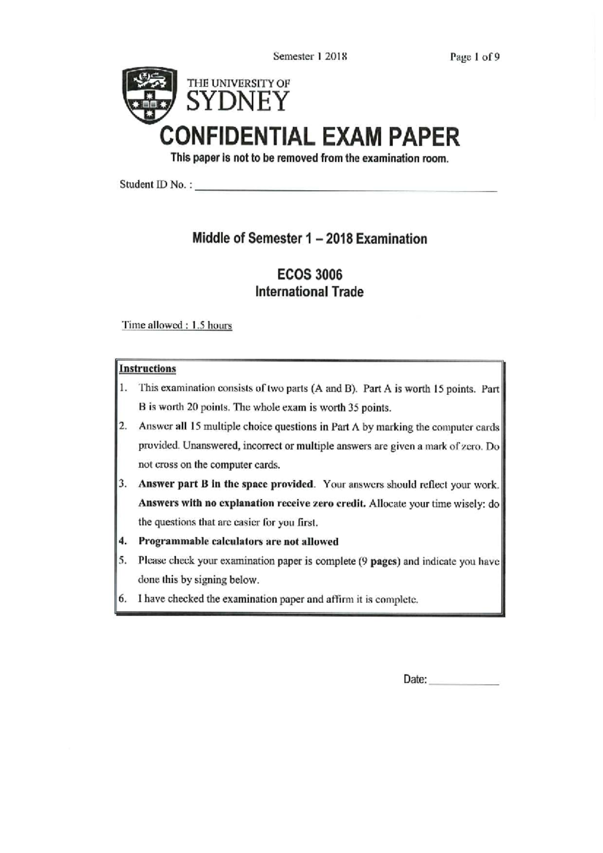 Midterm Exam Solutions for ECOS 3006: International Trade S1 2018 - Studocu