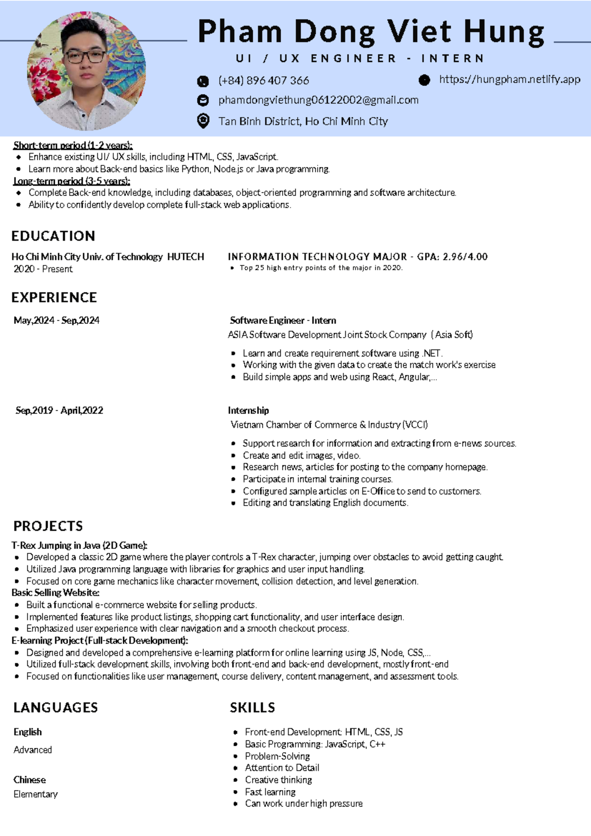 Pham Dong Viet Hung CV - UI/UX Engineer Intern 896 407 366 - Studocu