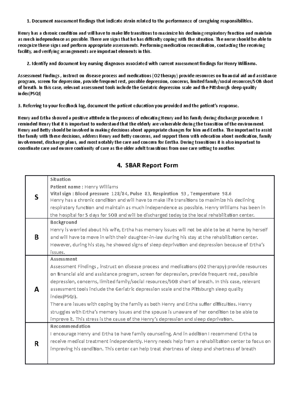 SBAR Report for Nursing Care of Henry Williams - Chronic Respiratory ...