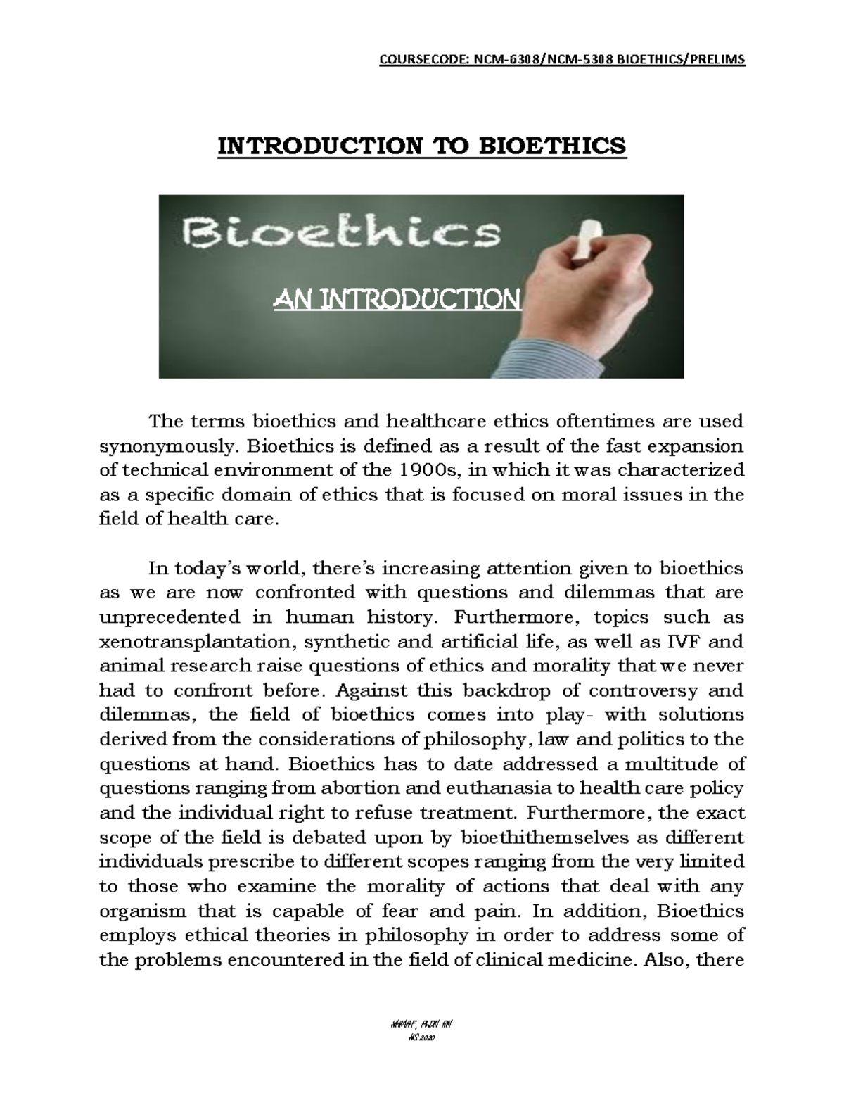 PhDN RN: W1 - Intro to Bioethics Module Overview and Key Concepts - Studocu