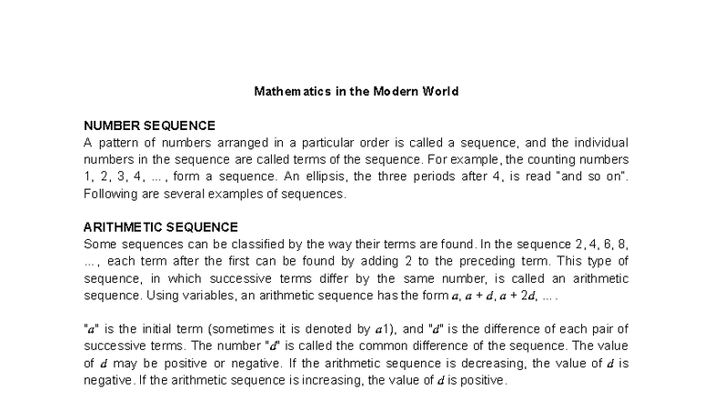 MMW - Understanding Number Sequences: Arithmetic, Quadratic, and Cubic - Studocu