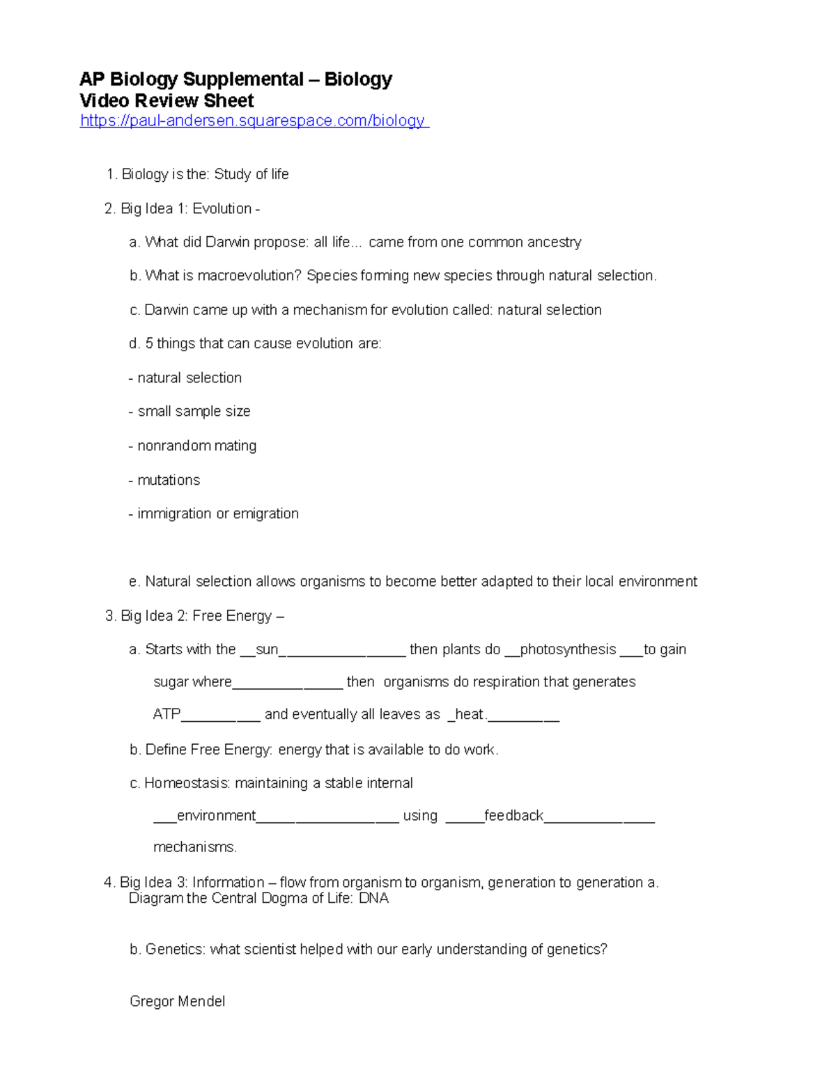 AP Bio Supplemental Video Review Sheet 1: Key Concepts - Studocu