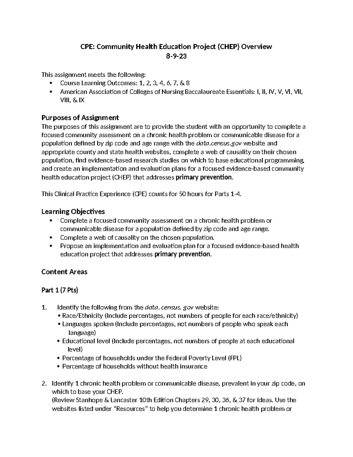 CPE - Overview of Community Health Education Project (CHEP) 8-9-23 - Studocu