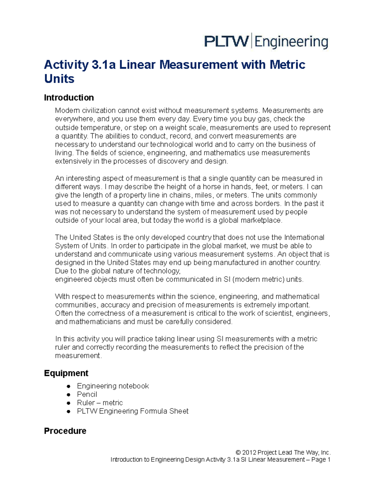 Activity 3.1a: SI Linear Measurement Techniques and Practices - Studocu