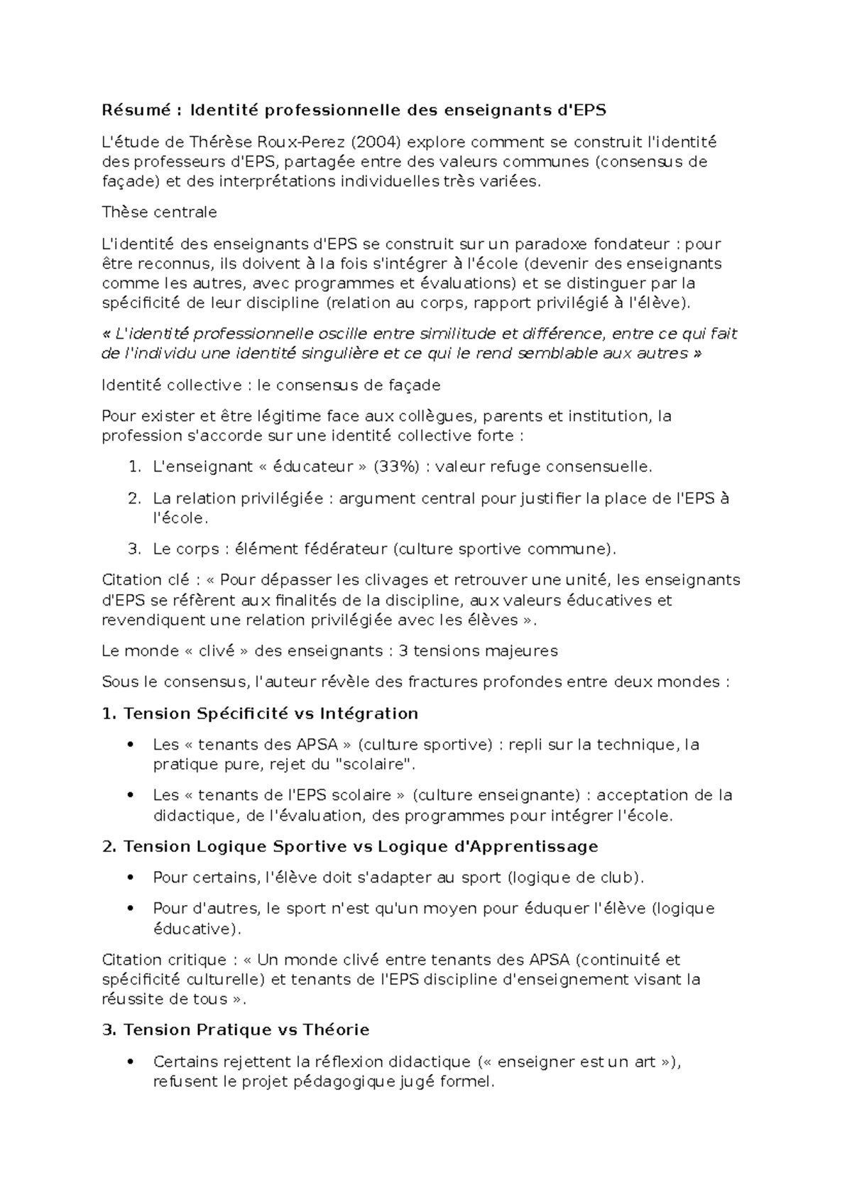 Résumé : Identité Professionnelle des Enseignants (Roux-Perez, 2004 ...