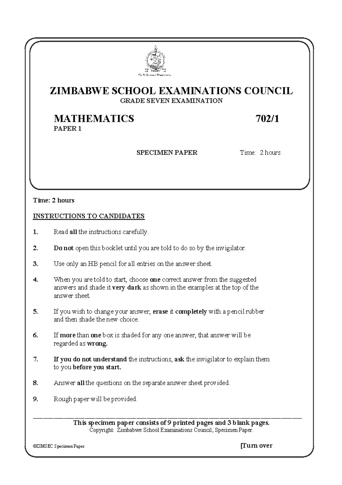 702q1n Grade 7 Mathematics Specimen Exam Paper 2020 - Studocu