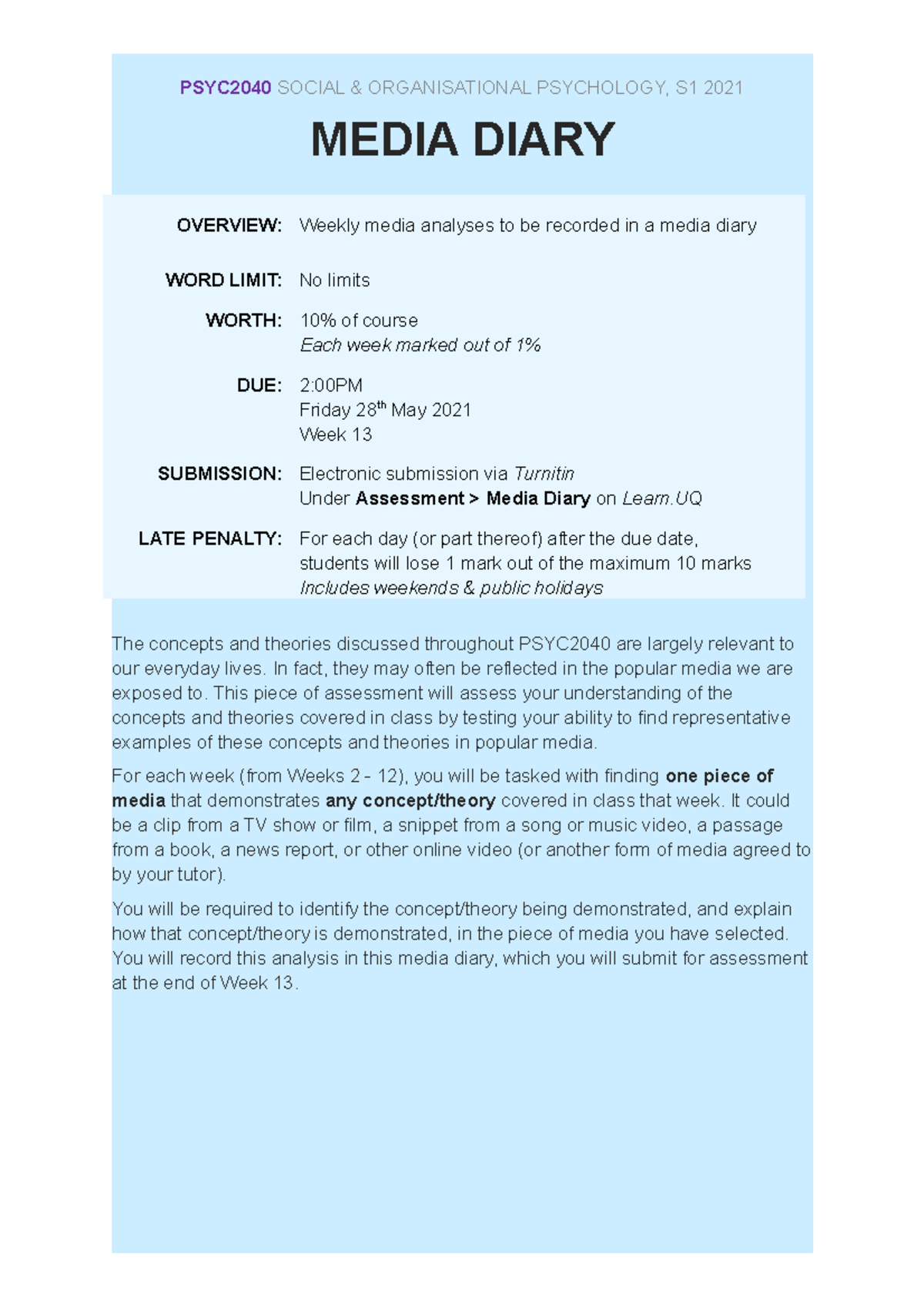PSYC2040 Weekly Media Diary: Analysis of Concepts in Popular Media ...