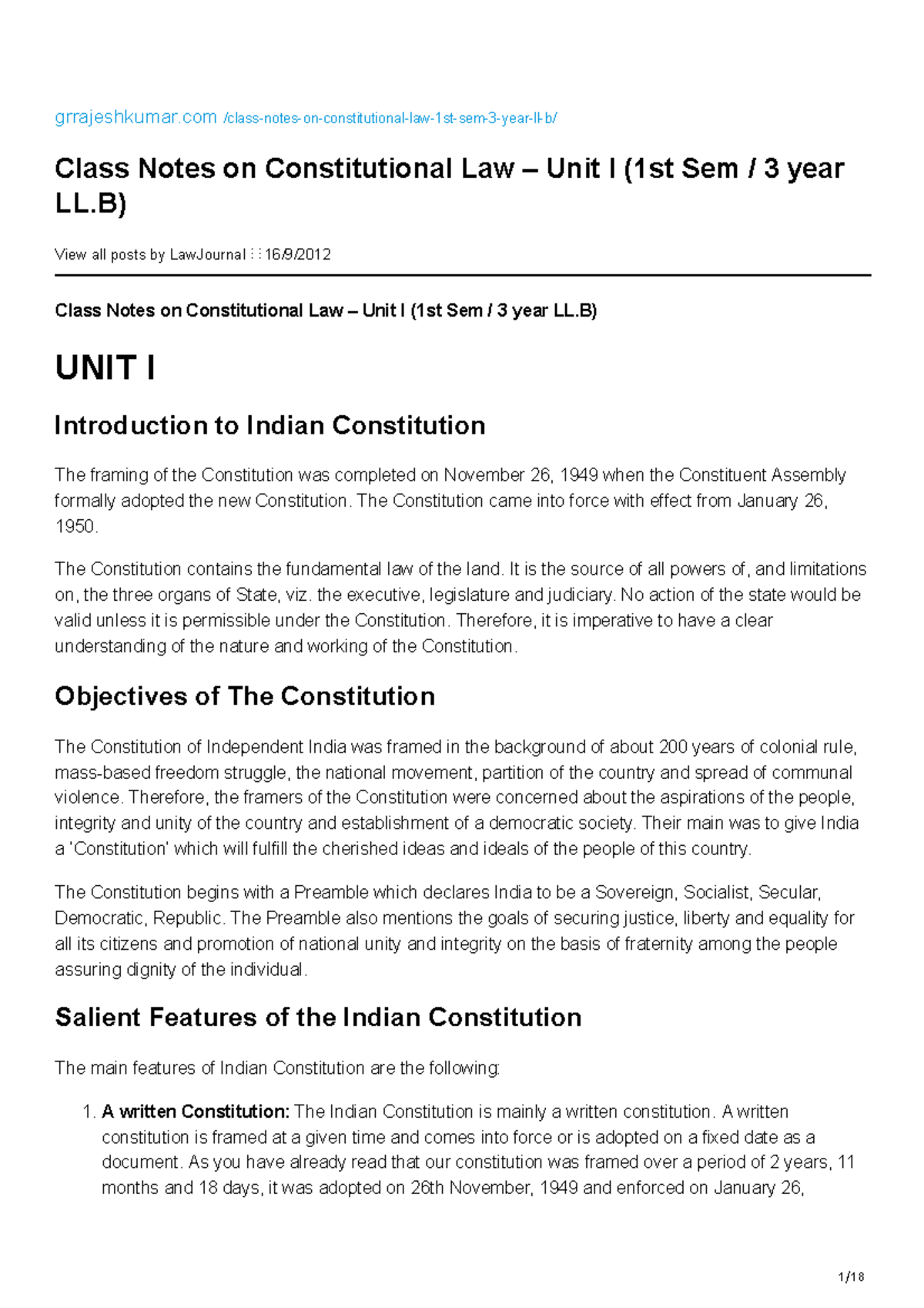 Class Notes: Constitutional Law - Unit I (1st Sem, 3 Year LL.B) - Studocu