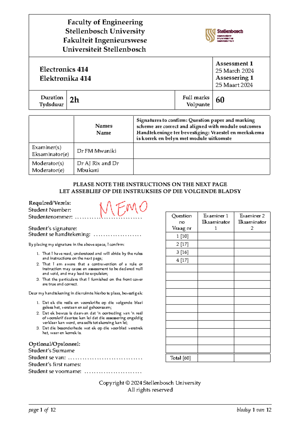 E414 2024 A1 Memo - Electronics Assessment 1 Guidelines and Details ...