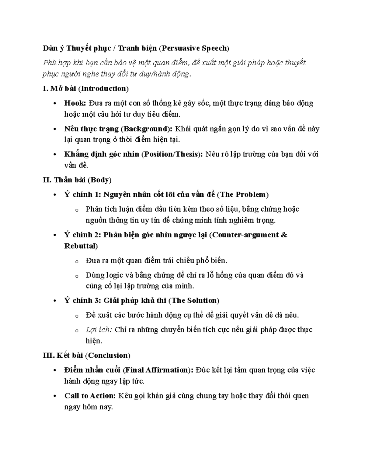 Dàn ý Thuyết phục Tranh biện (Persuasive Speech) - Ling2 - Studocu
