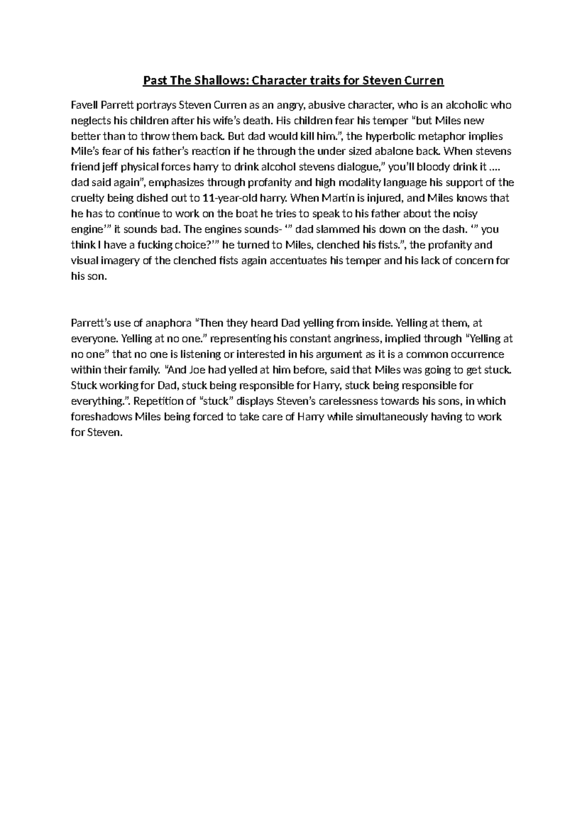 Past The Shallows: Steven Curren Character Traits Analysis Cheat Sheet ...